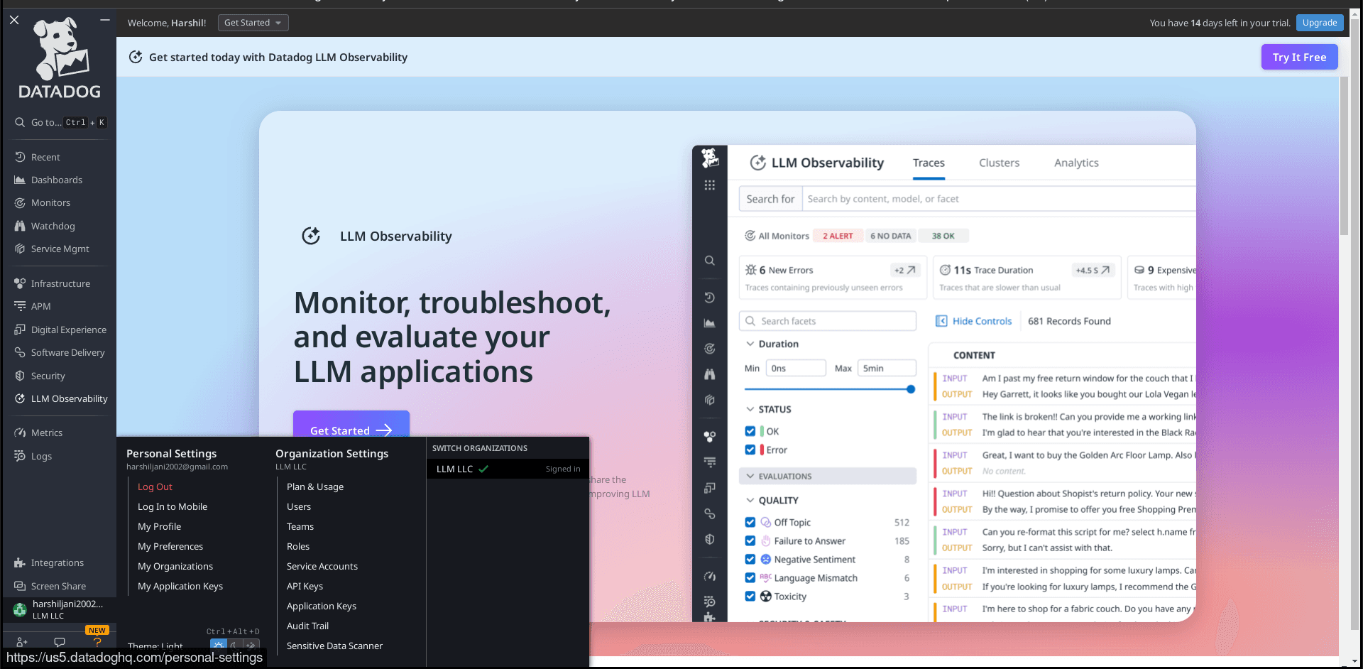Datadog LLM Observability: Examples, Demo and Pricing | Lunary